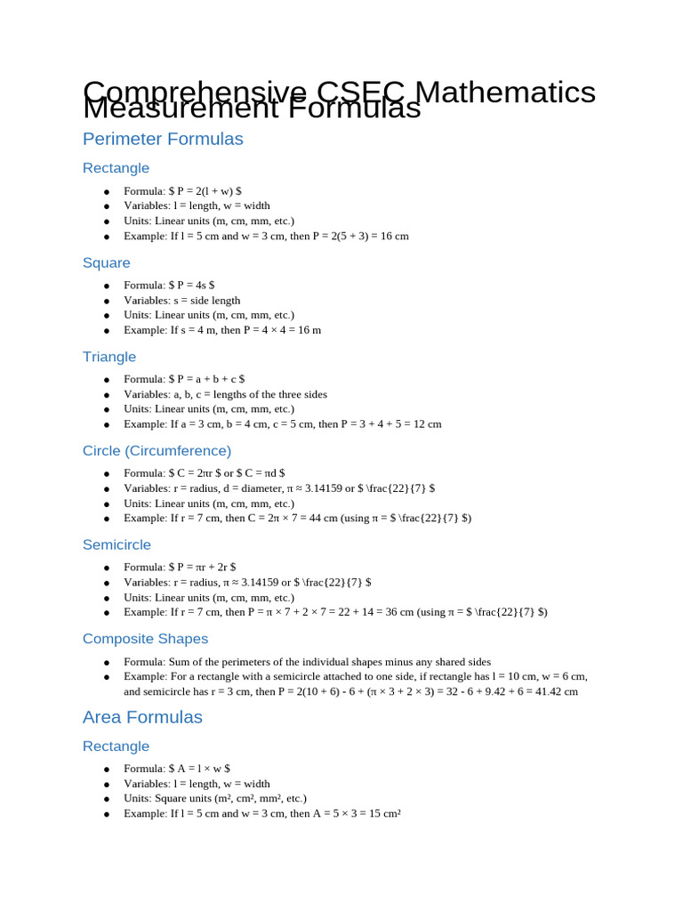 # Comprehensive CSEC Mathematics Measurement Formulas - ## Perime | PDF ...
