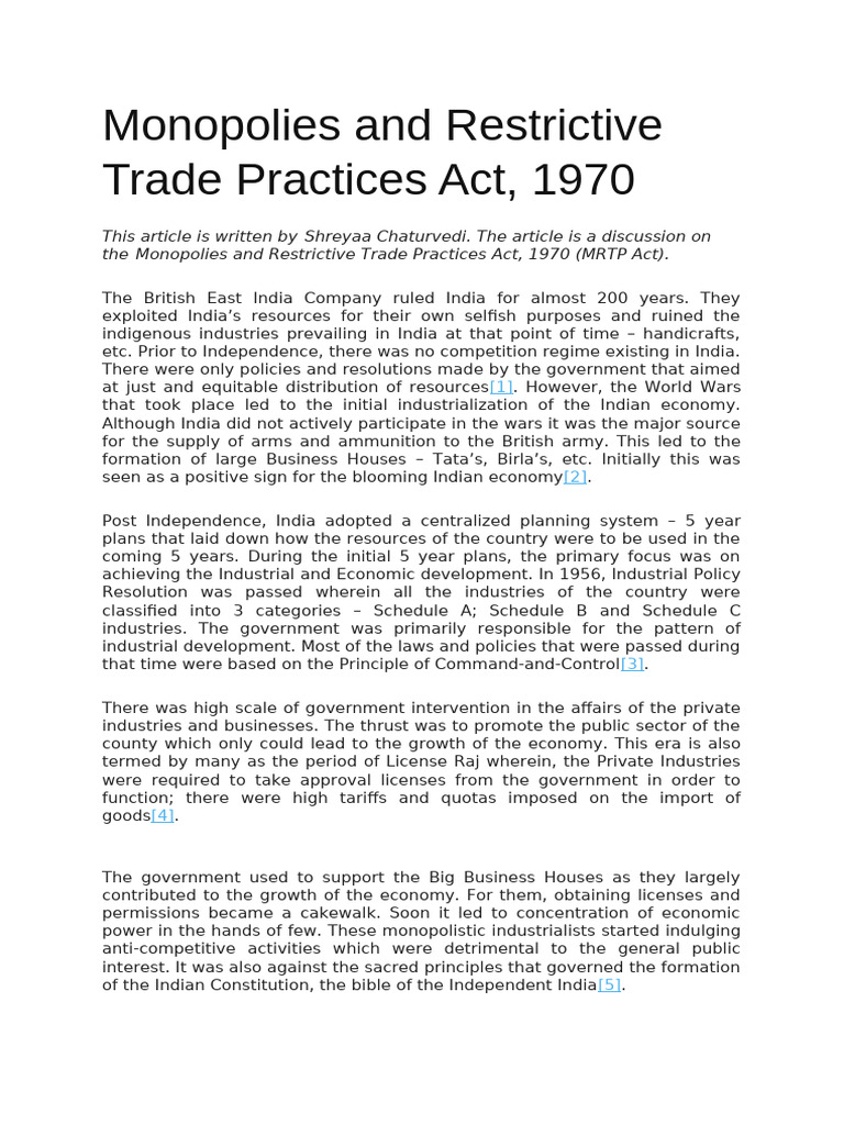 Monopolies and Restrictive Trade Practices Act | PDF | Competition Law ...