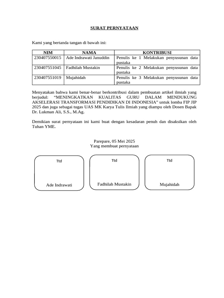 SURAT PERNYATAAN KONTRIBUSI KTI-1 | PDF