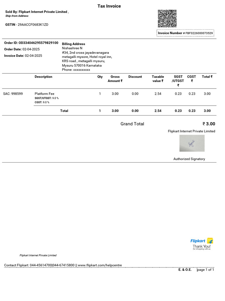 Flipkart Invoice for Order OD334046295579829100 | PDF | Economies ...