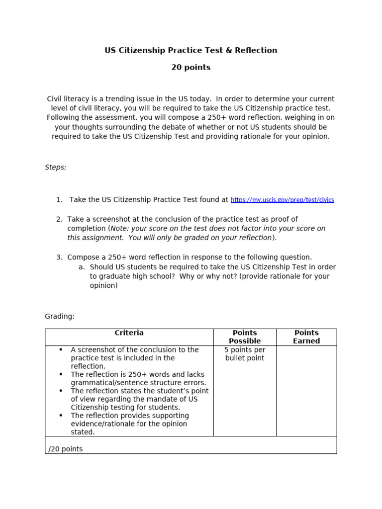 US Citizenship Test Reflection Assignment | PDF
