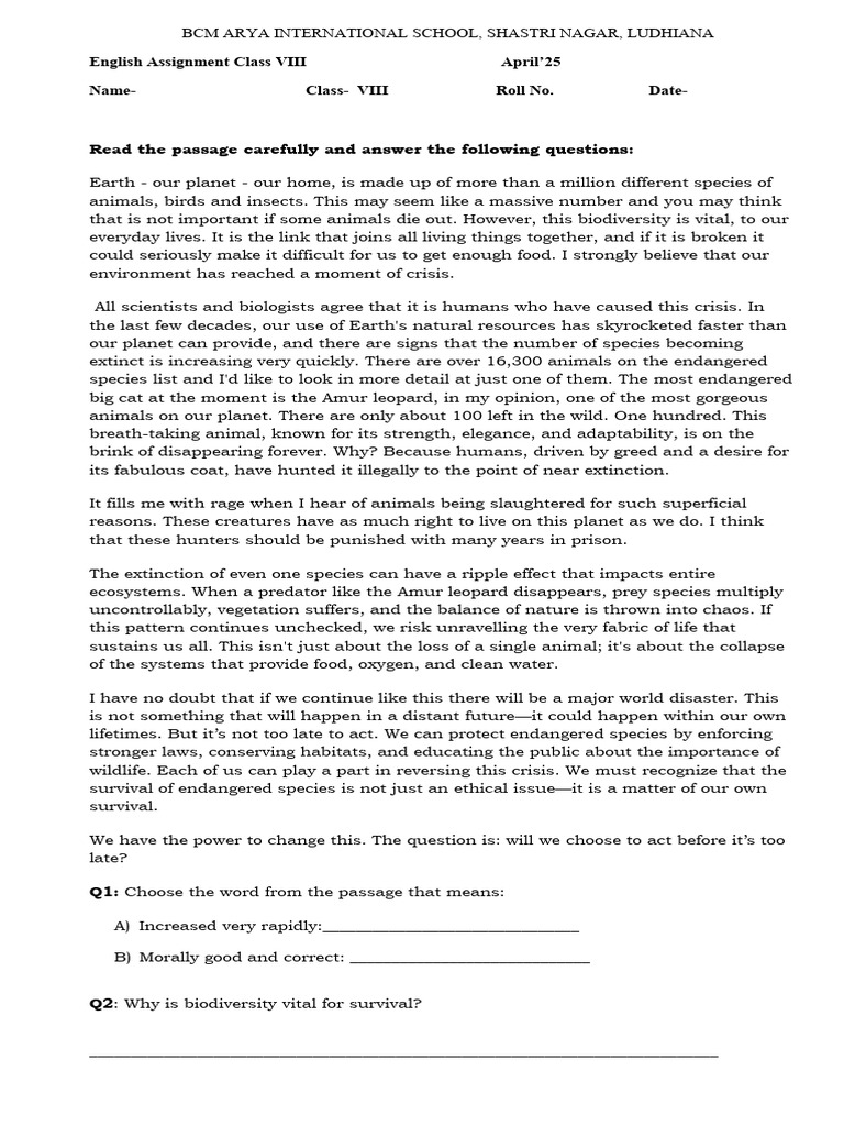 12-C-7144-Classe 8 English Assignment 1 - Apr 25 | PDF | Endangered ...
