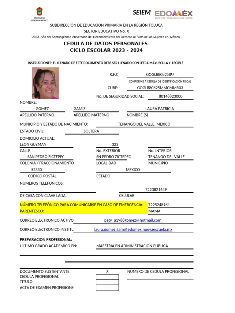 Hoja de Datos Personales 2023-2024 1 | PDF