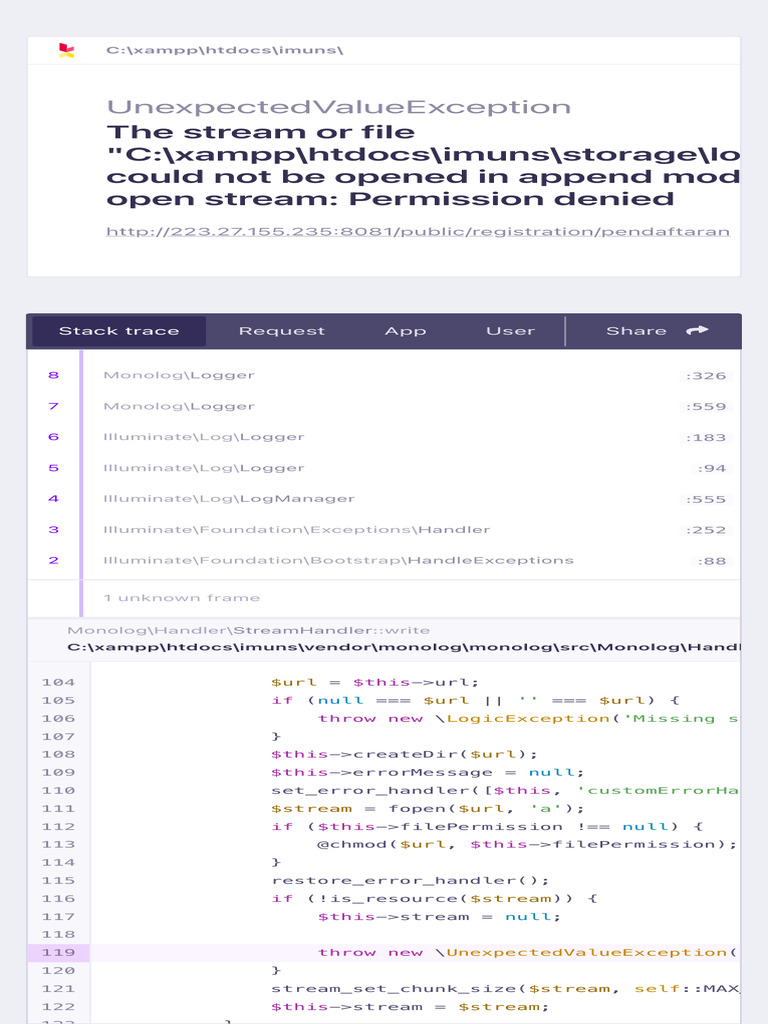 ? The stream or file Cxampphtdocsimunsstoragelogslaravel.log could not be opened in append mode ...
