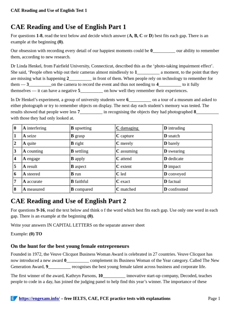CAE Reading and Use of English Practice Test 1 Printable (2024 Edition ...