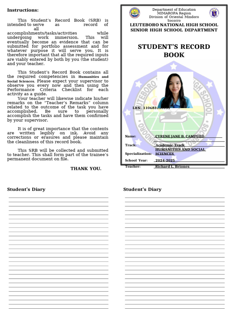 STUDENTS-RECORD-BOOK-HUMSS-CAMPUED | PDF