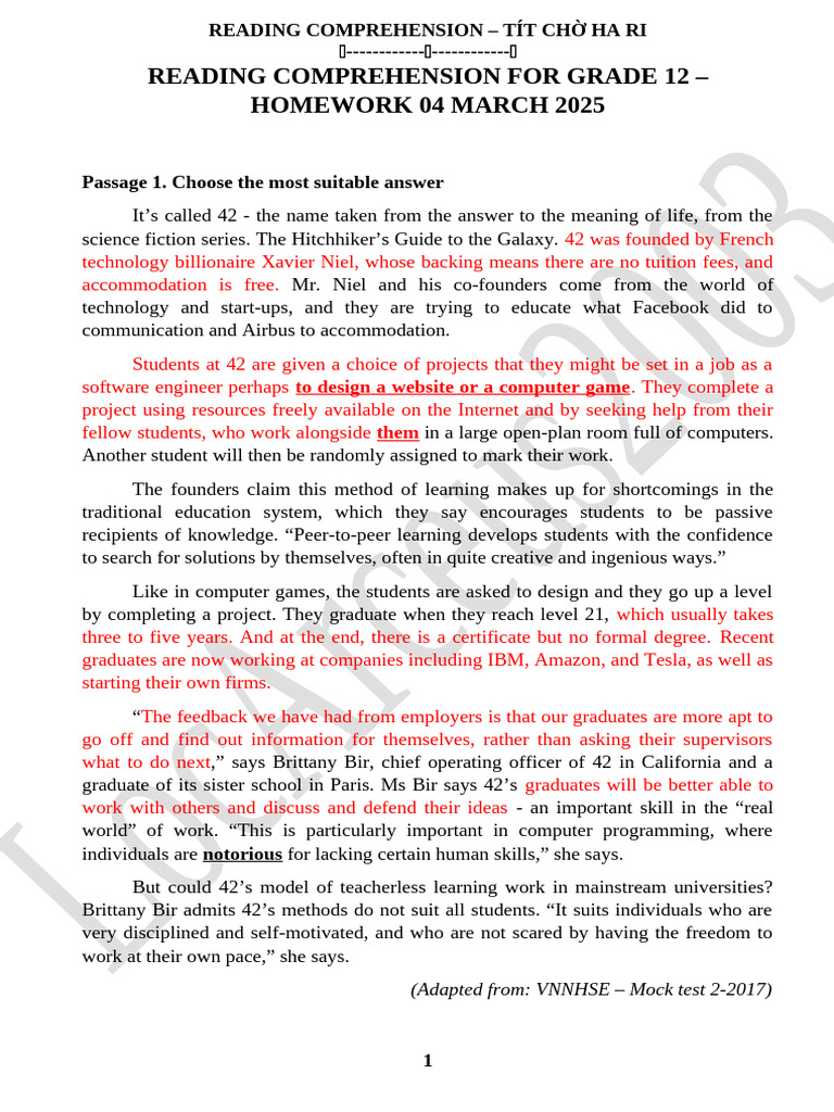 L P 12 - Reading Comprehension - 04 Mar 2025 - Homework - Answer Key ...