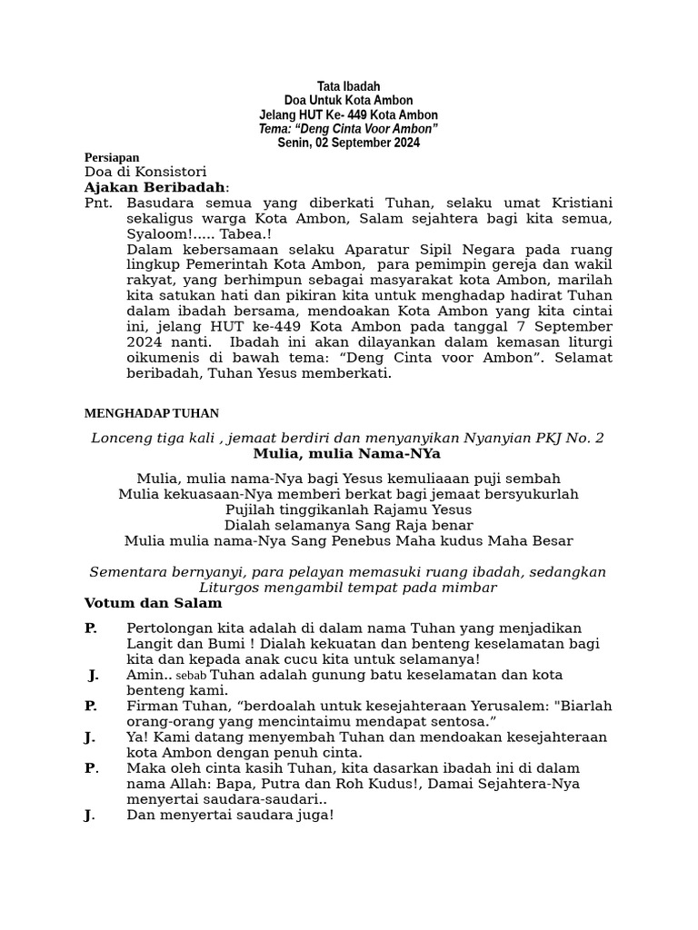 Tata Ibadah Doa Untuk Kota Ambon 2024 | PDF