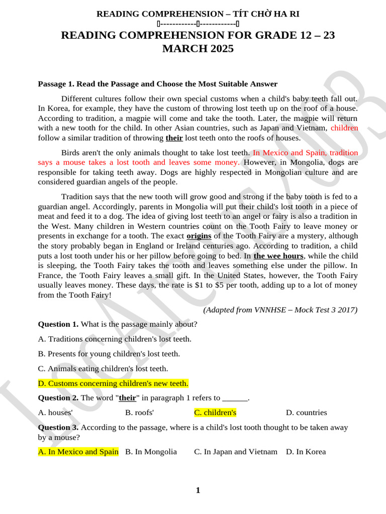 Grade 12 Reading Comprehension Test | PDF | Tooth Fairy | Extinction