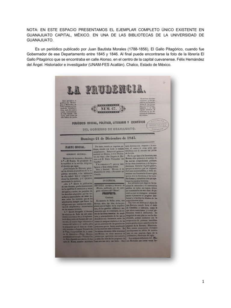 Periódico La Prudencia. Diciembre de 1845.FHDA. | PDF