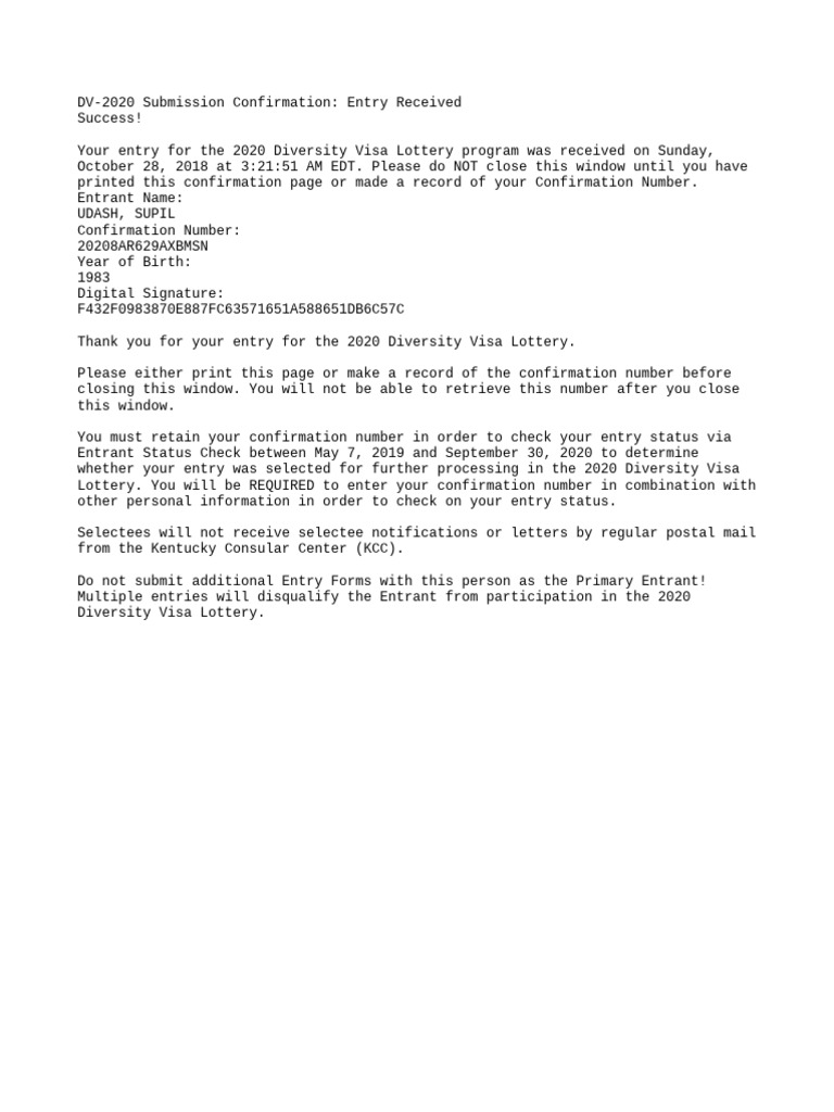 DV-2020 Lottery Entry Confirmation | PDF
