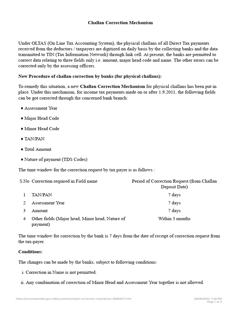 Challan Correction Mechanism | PDF | Payments | Cheque