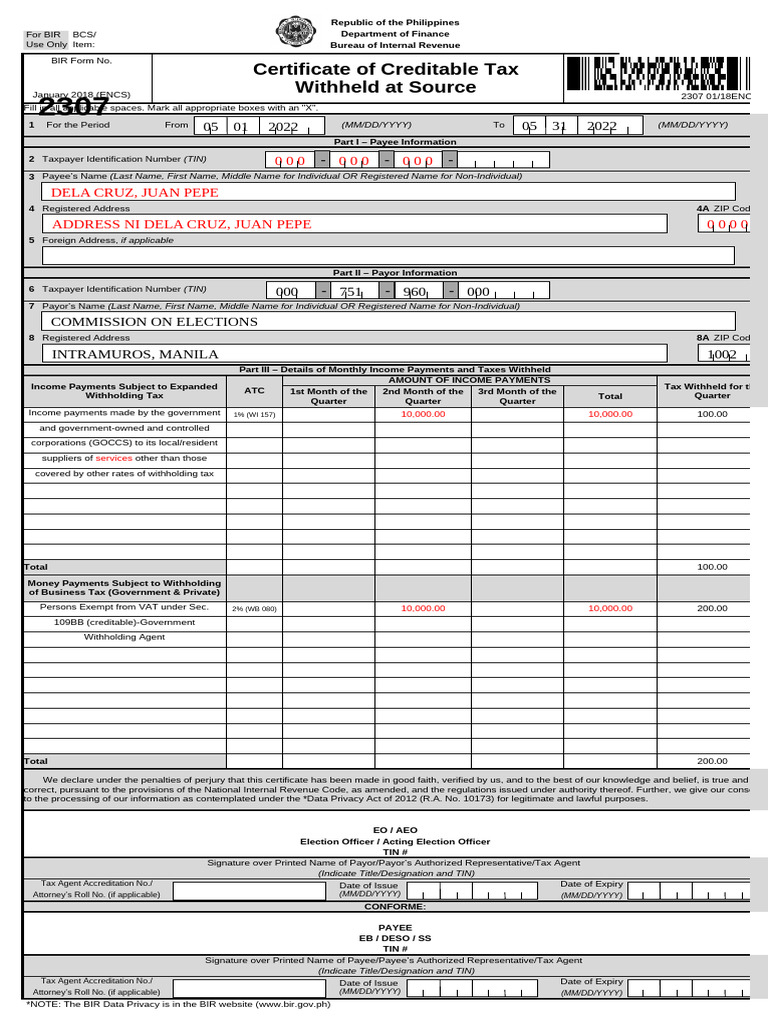 Bir Form 2316 2307 | PDF | Value Added Tax | Taxes