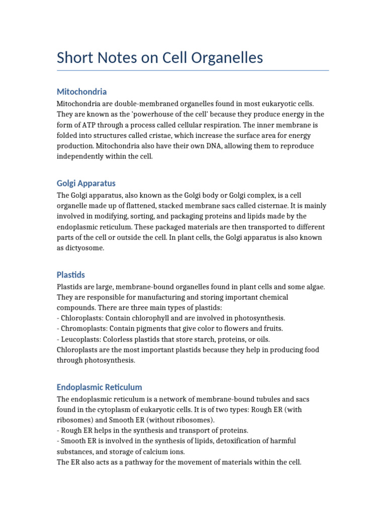 Short Notes On Cell Organelles | PDF | Endoplasmic Reticulum | Cell ...