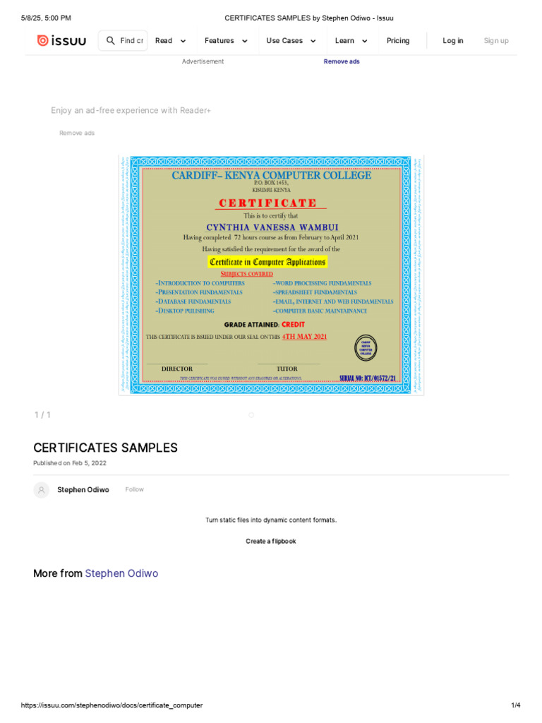 Certificate Samples by Stephen Odiwo | PDF