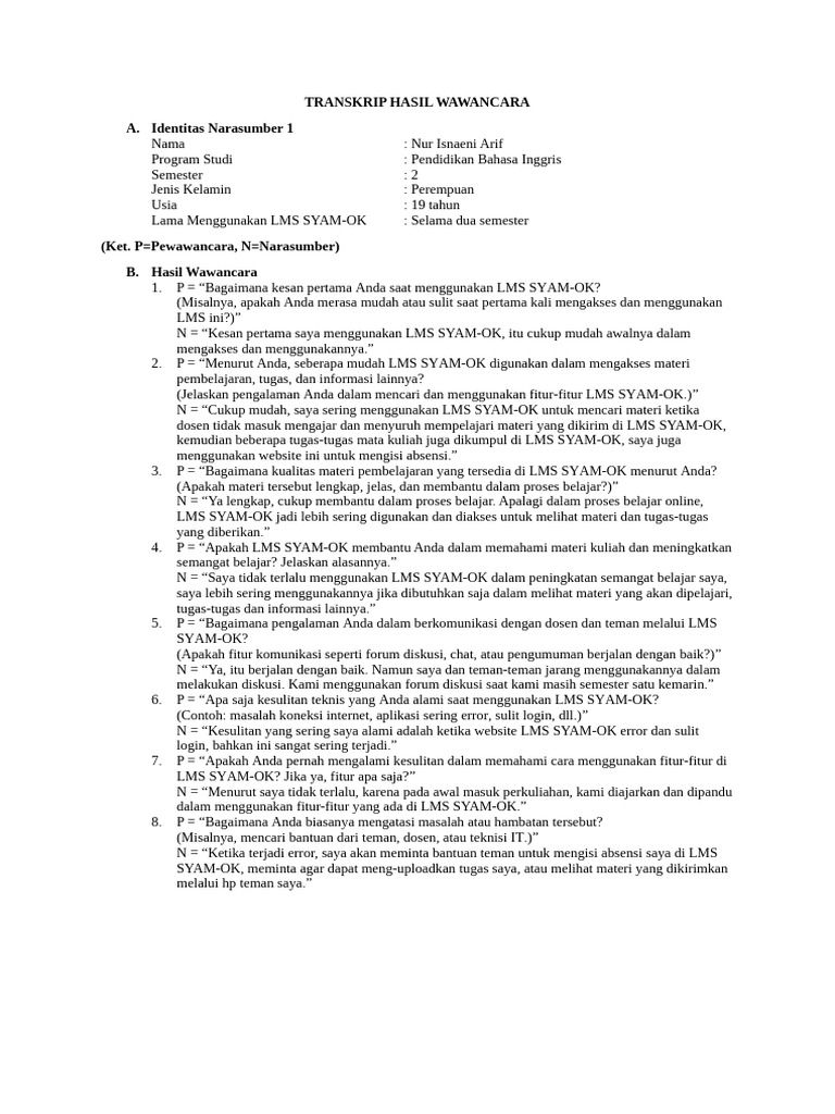 Transkrip Hasil Wawancara 1 | PDF