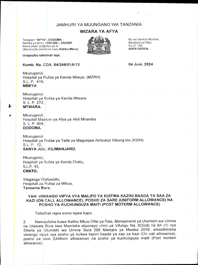 Viwango Vya Posho Za On-Call, Postmortem & Uniform Allowancies June ...