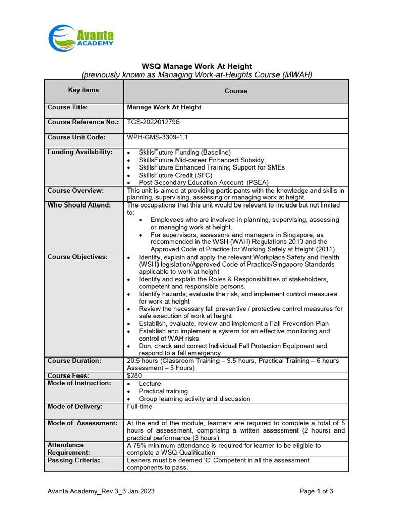 WSQ Manage Work at Height Updated | PDF | Occupational Safety And ...