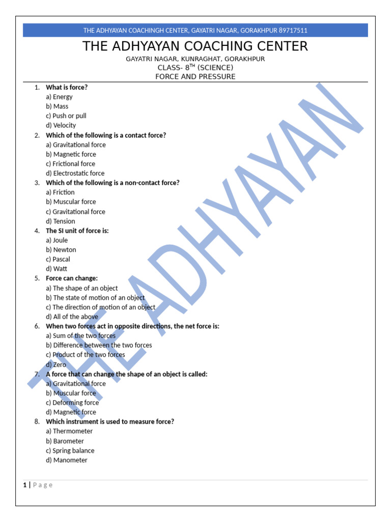 Force and Pressure Concepts for 8th Grade | PDF | Force | Pressure