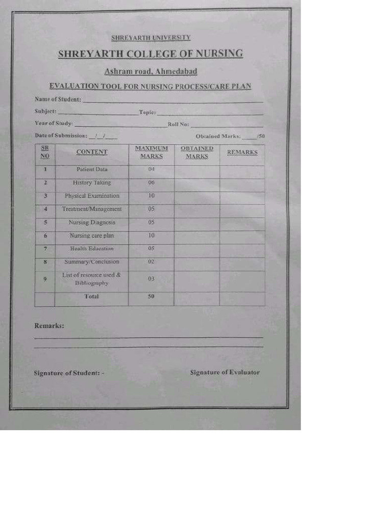 Nursing Evaluation Form | PDF