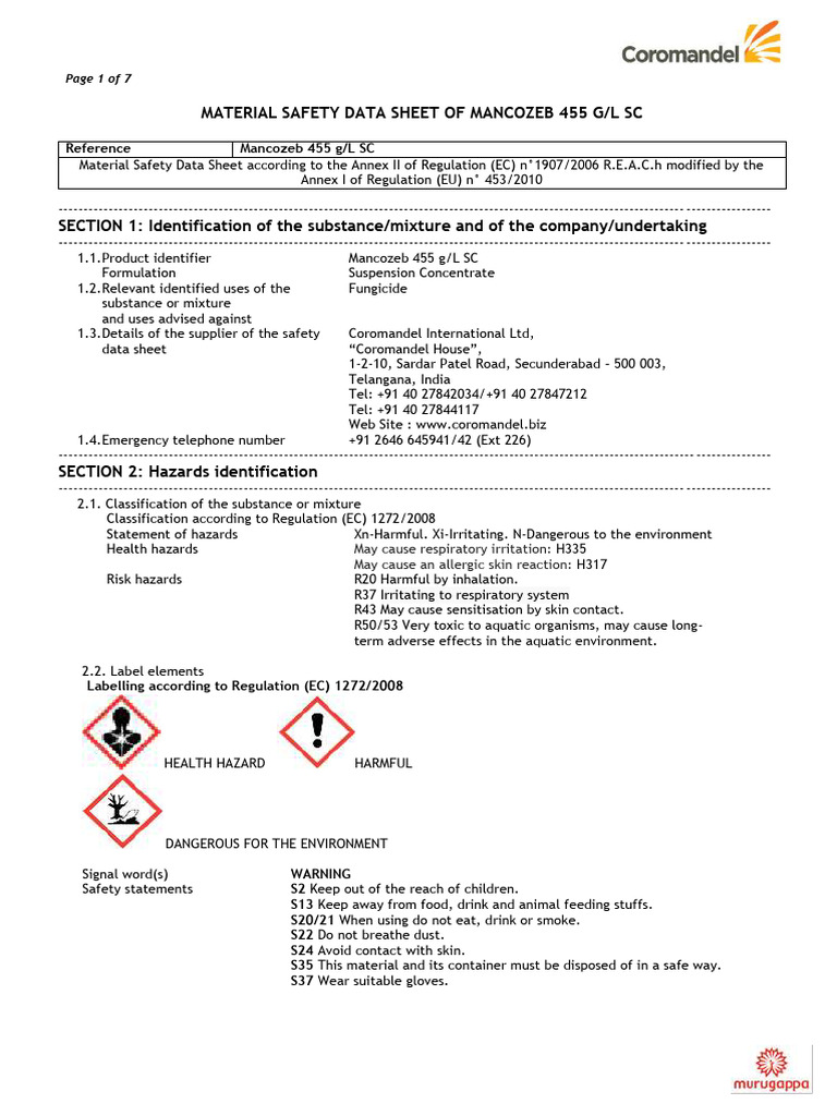 MSDS-MANCOZEB 455 SC - GHS Format | PDF | Personal Protective Equipment ...