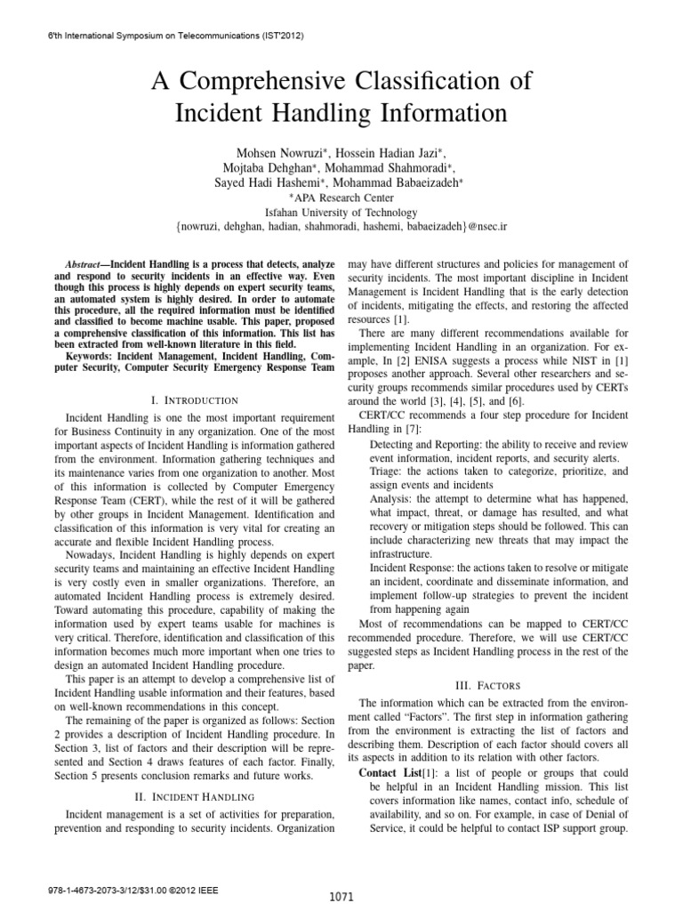 A Comprehensive Classification of Incident Handling Information | PDF ...