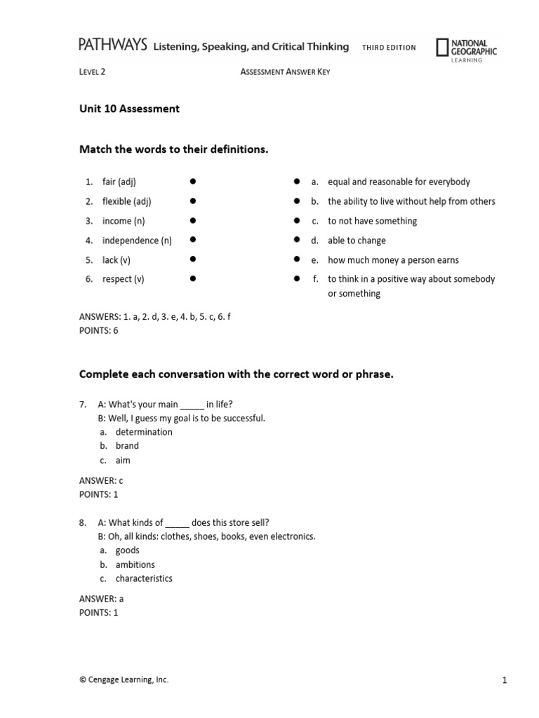 PathwaysLS3e L2 Assessment AnswerKey Unit10 | PDF | Stress (Linguistics)