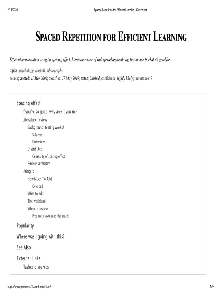 Spaced Repetition For Efficient Learning - Gwern | PDF