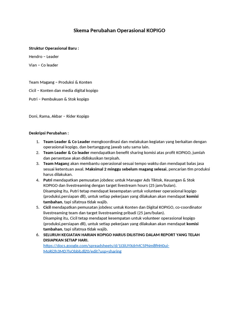 Skema Perubahan Operasional KOPIGO | PDF
