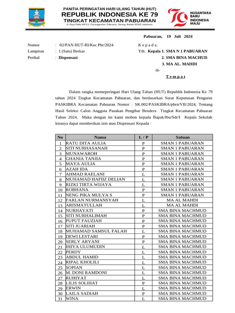 Surat Dispensasi Paskibra 2024 | PDF