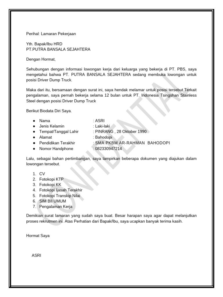 SURAT LAMARAN KERJA SUDARMAWAN | PDF