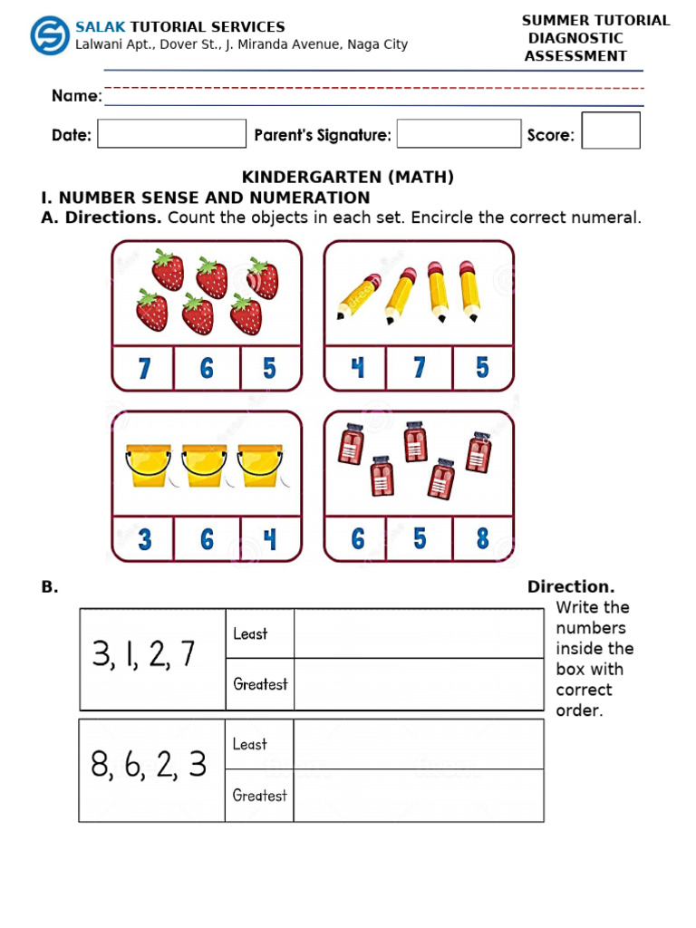 KINDERGARTEN (MATH) - DIAGNOSTIC ASSESSMENT | PDF
