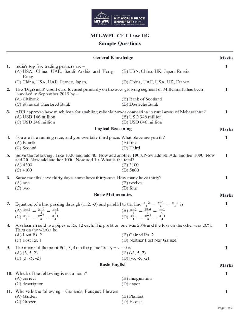MIT-WPU CET Law UG Sample Paper | PDF