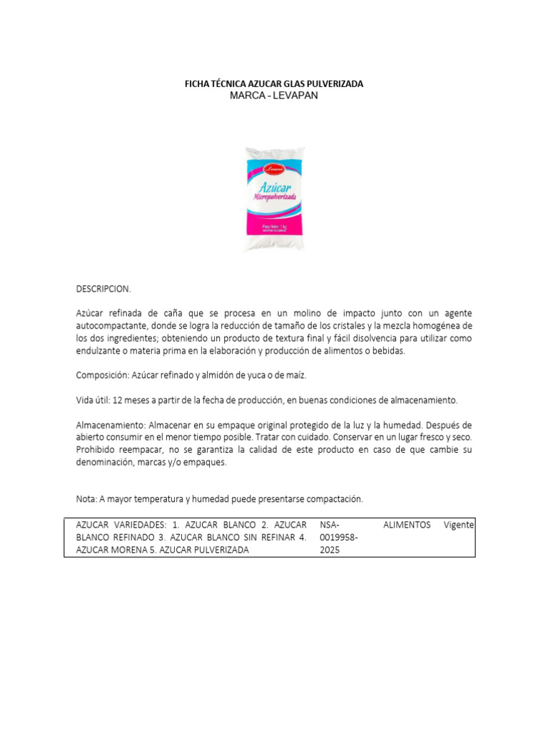 Azúcar Glas Pulverizada Levapan: Ficha Técnica | PDF