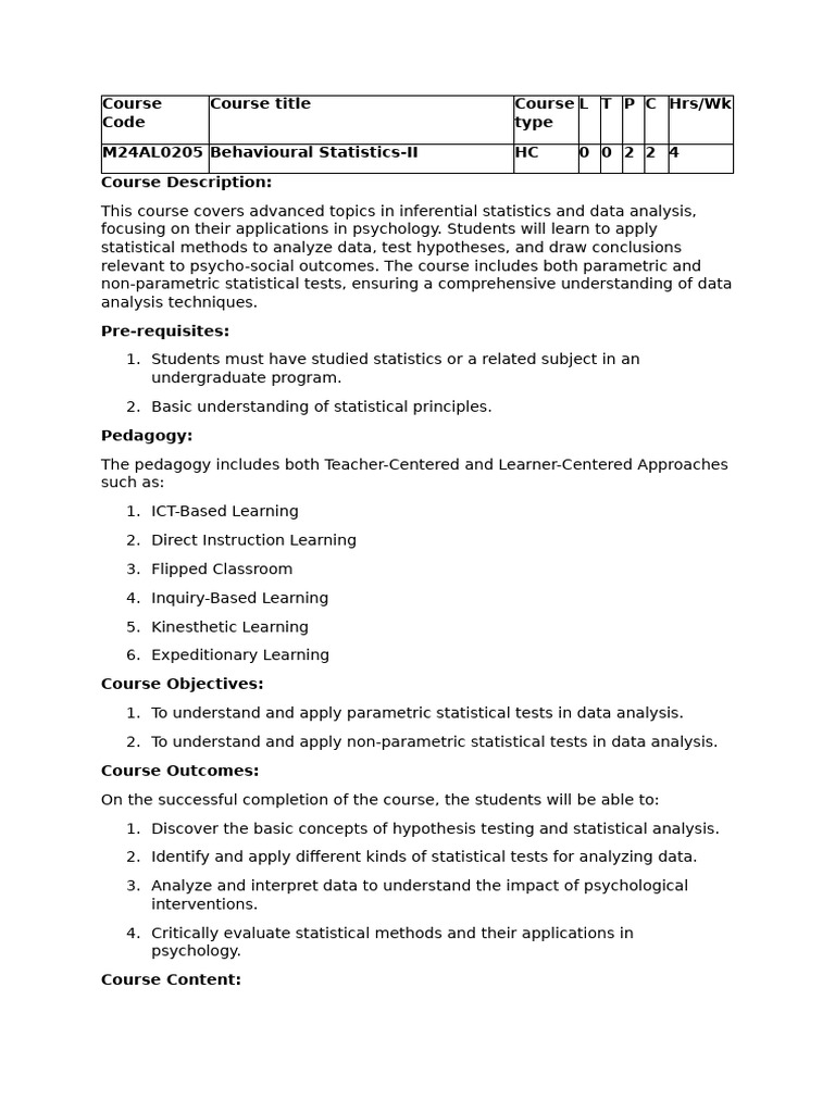 Behavioural Stats Theory Syllabus II MSC Applied Psy | PDF