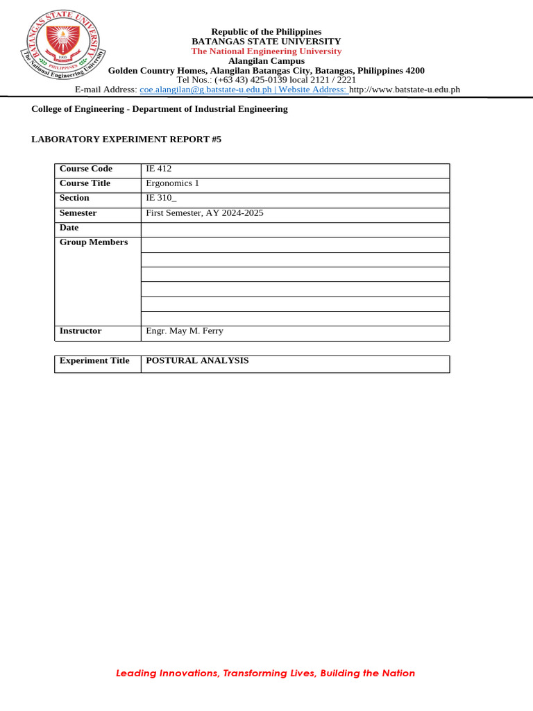 Postural Analysis in Ergonomics Lab Report | PDF | Engineering | Data