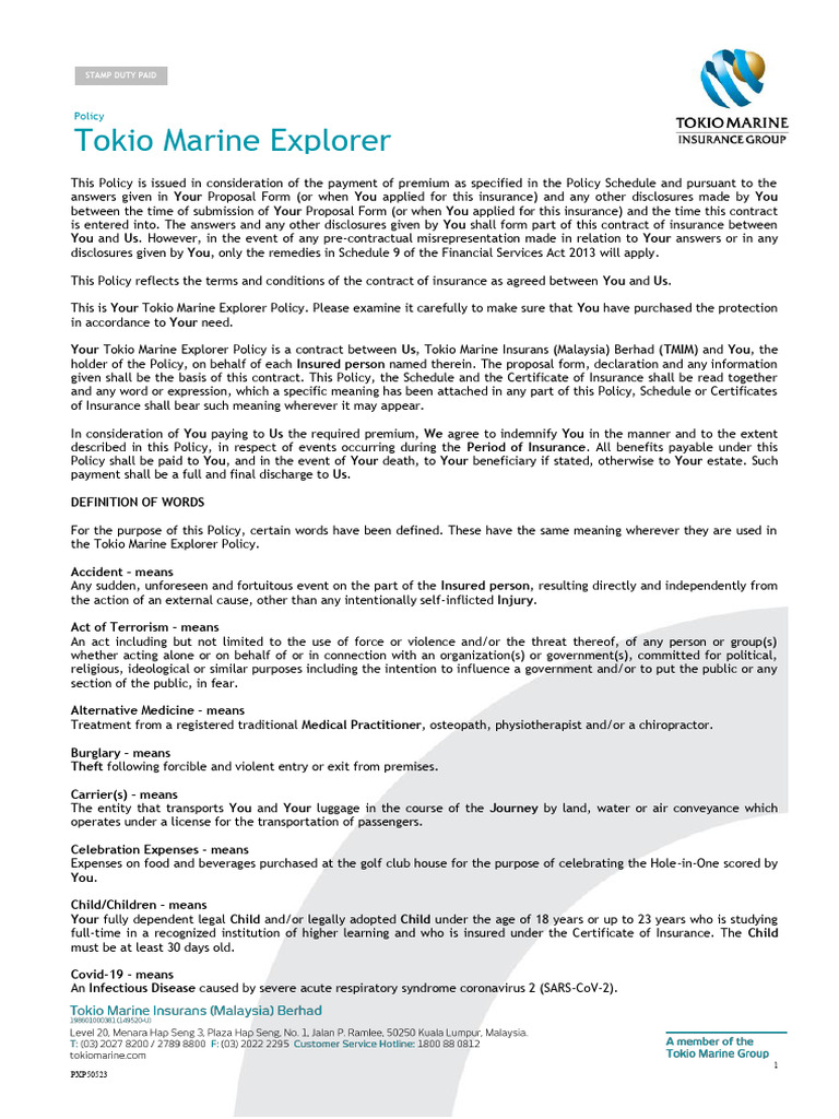 Tokio Marine Explorer Policy Details | PDF | Insurance | Reverse ...