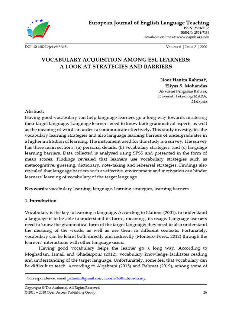 ESL Vocabulary Strategies and Barriers | PDF | English As A Second Or ...