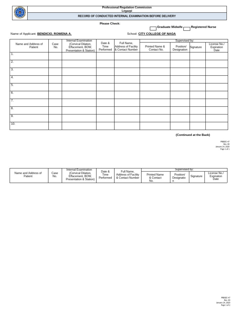 PRBSEC-47 Internal Examination Form | PDF | Midwife | Midwifery