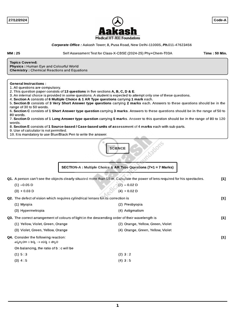 Self Assessment Test-3A (CBSE) Phy+Chem (C-10) (27-12-2024) | PDF