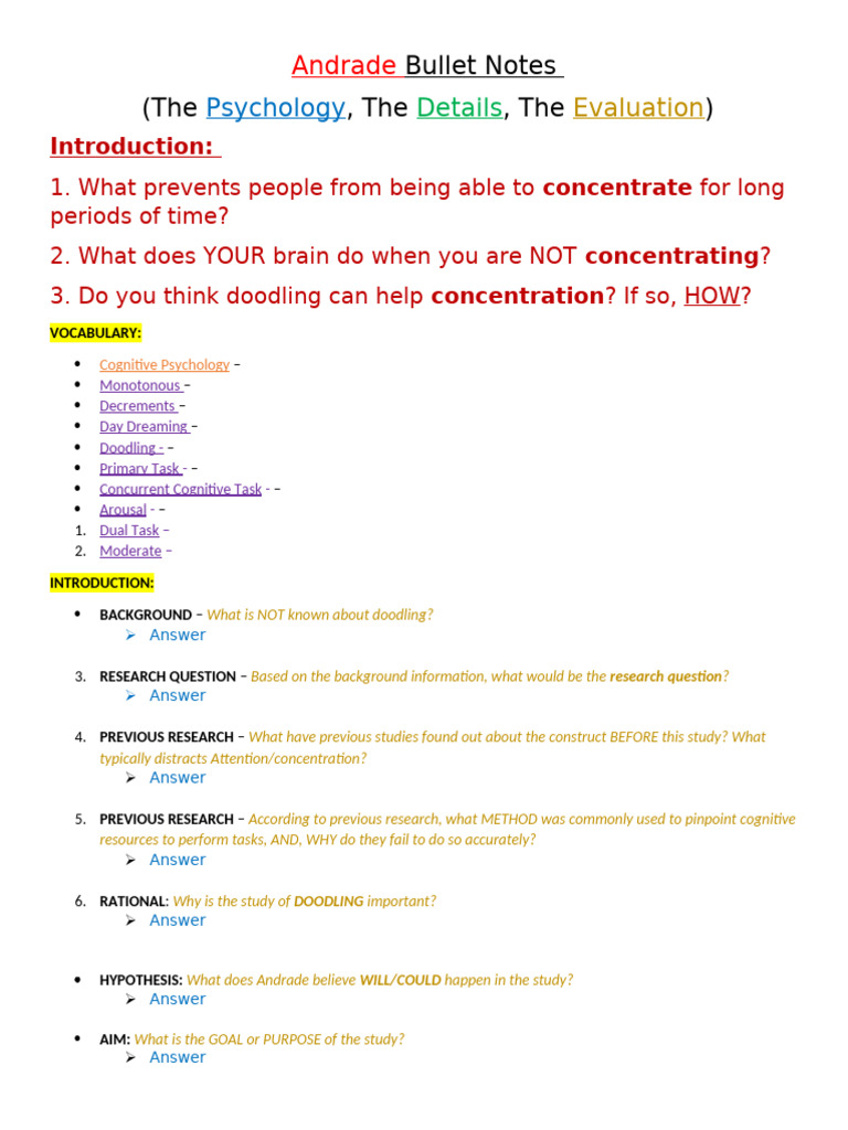 Psychology Andrade Bullet Notes Template | PDF | Methodology ...