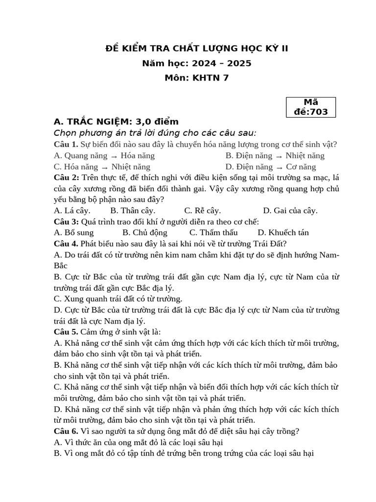 ĐỀ KT HK2 - KHTN 7 | PDF