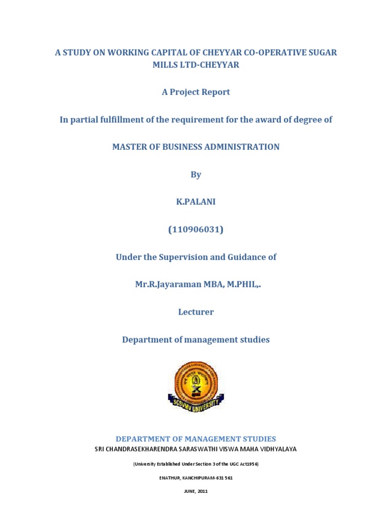 A Study On Working Capital of Cheyyar Co | PDF | Working Capital | Money