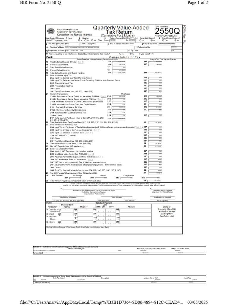 BIR FORM No. 2550-Q | PDF | Value Added Tax | Taxes