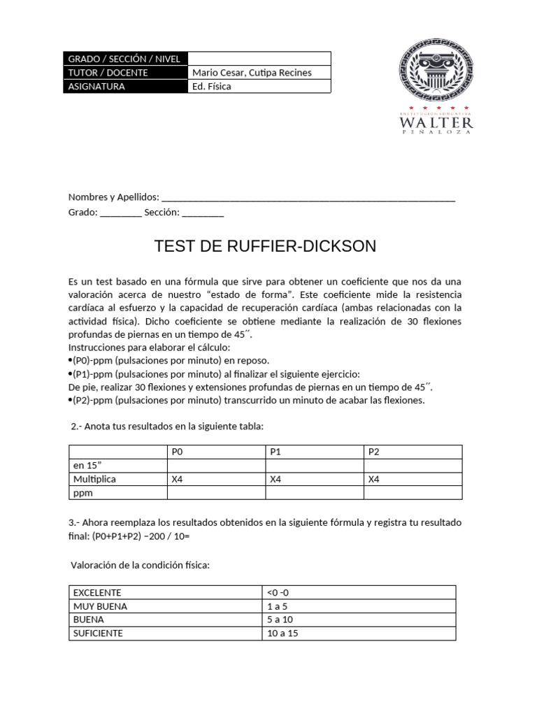 Ficha - Test de Ruffier - Dickson | PDF