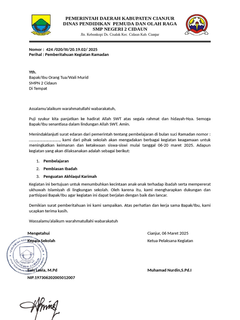 Surat Pemberitahuan Kegiatan Ramadhan | PDF