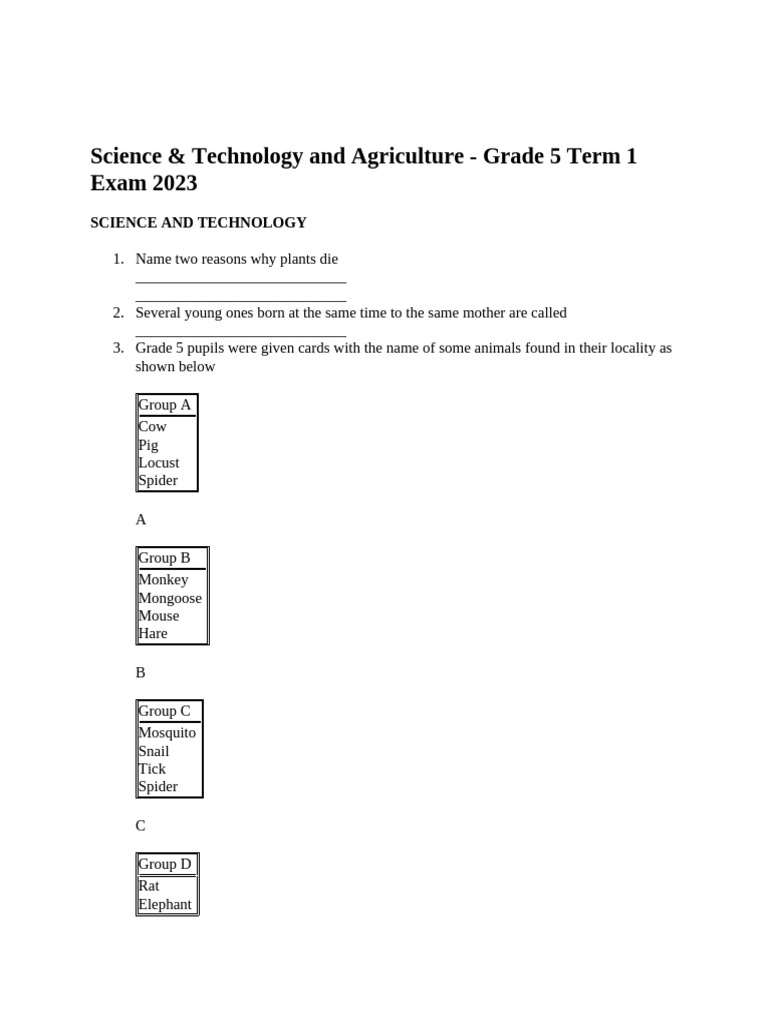 Grade 5 Science & Agriculture Exam 2023 | PDF | Soil | Plants