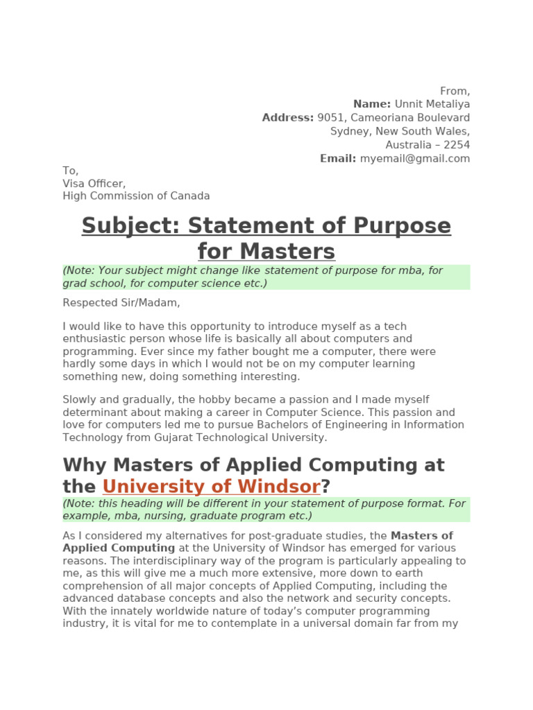 Statement of Purpose for Master's in Canada | PDF | Computer ...