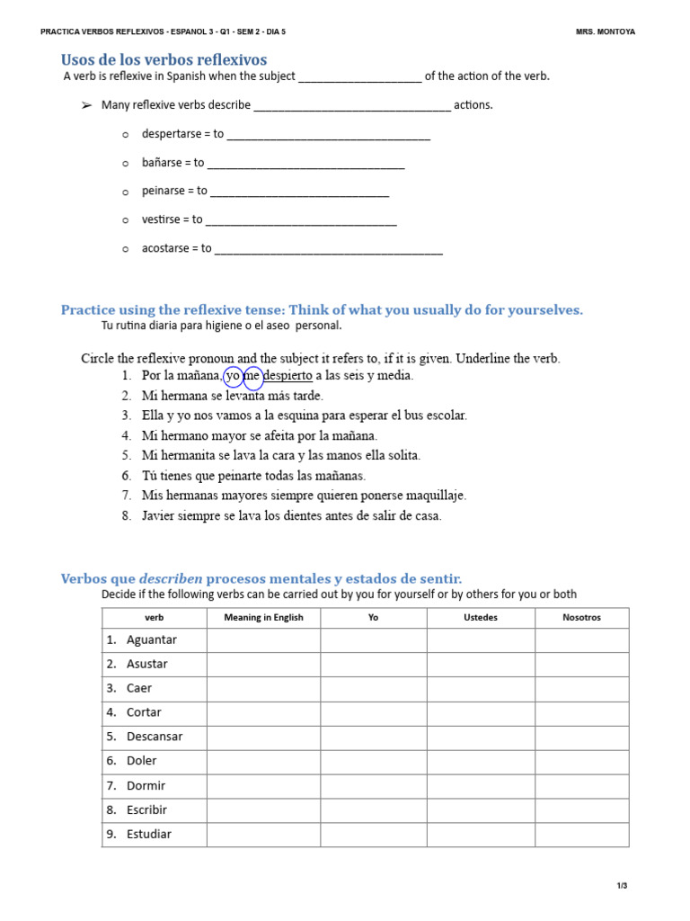 Practica Verbos Reflexivos - Espanol 3 - Q1 - Sem 2 - Dia 5 | PDF