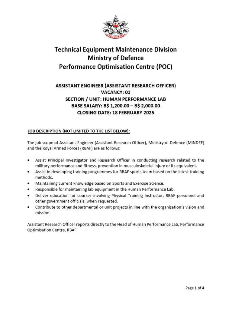 2025Z, Assistant Engineer, (Research Officer), Human Performance Lab ...